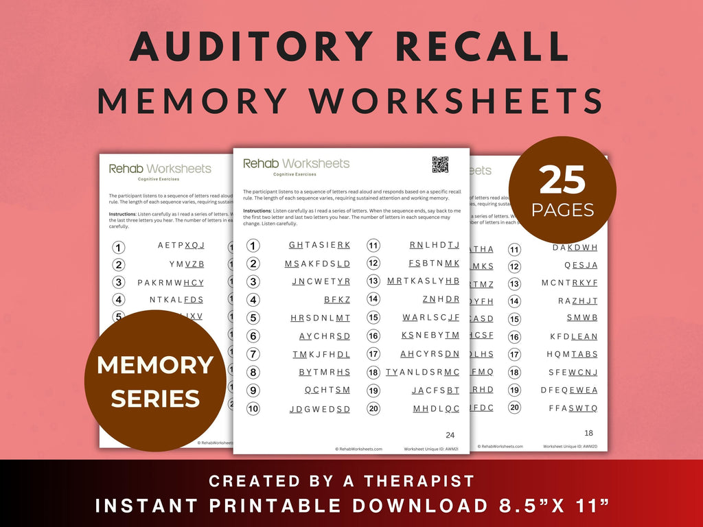 Auditory Working Memory Task (25 Worksheets) - Memory – Rehab Worksheets