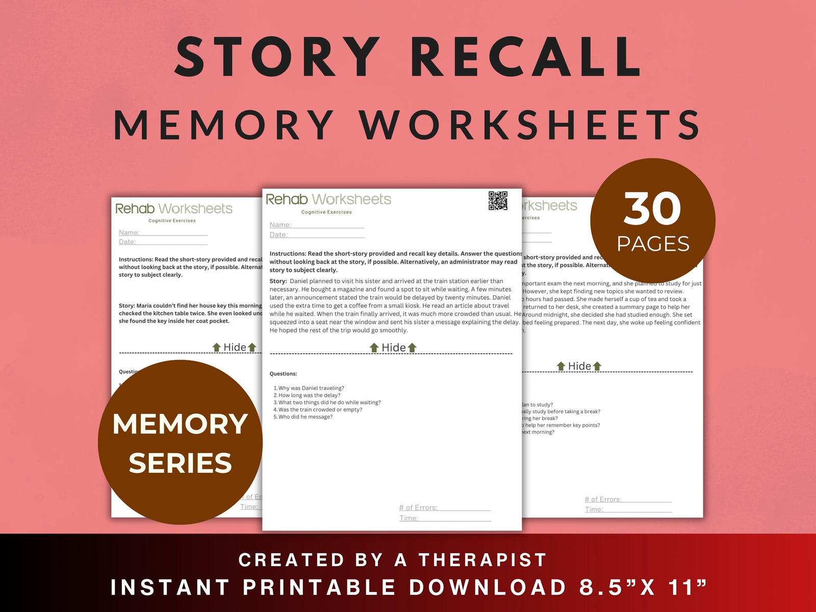 Story Recall Worksheets Bundle (30 Worksheets) - Memory – Rehab Worksheets