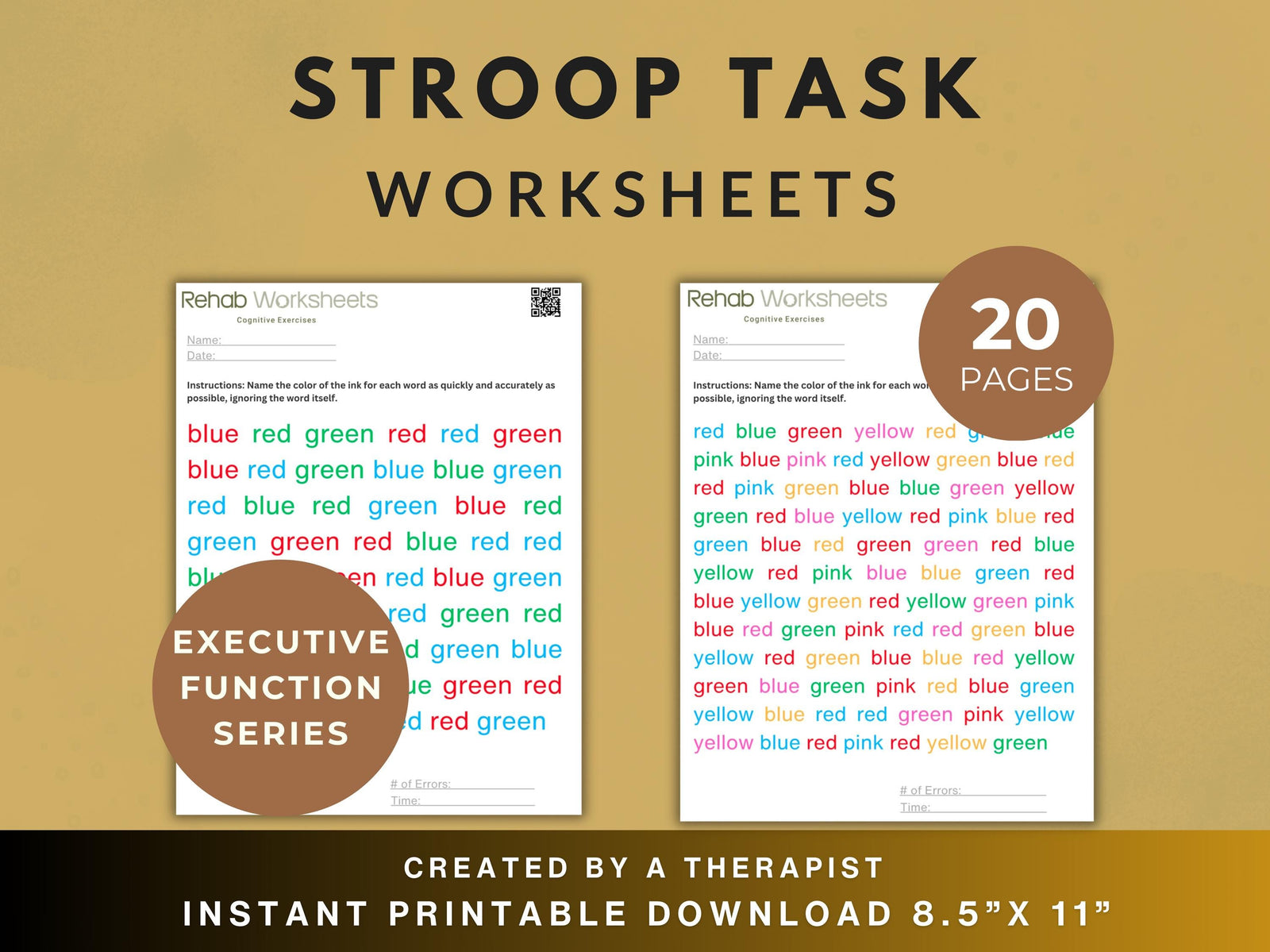 Stroop Task Cognitive Exercise Bundle (20 Worksheets) - Executive Func ...
